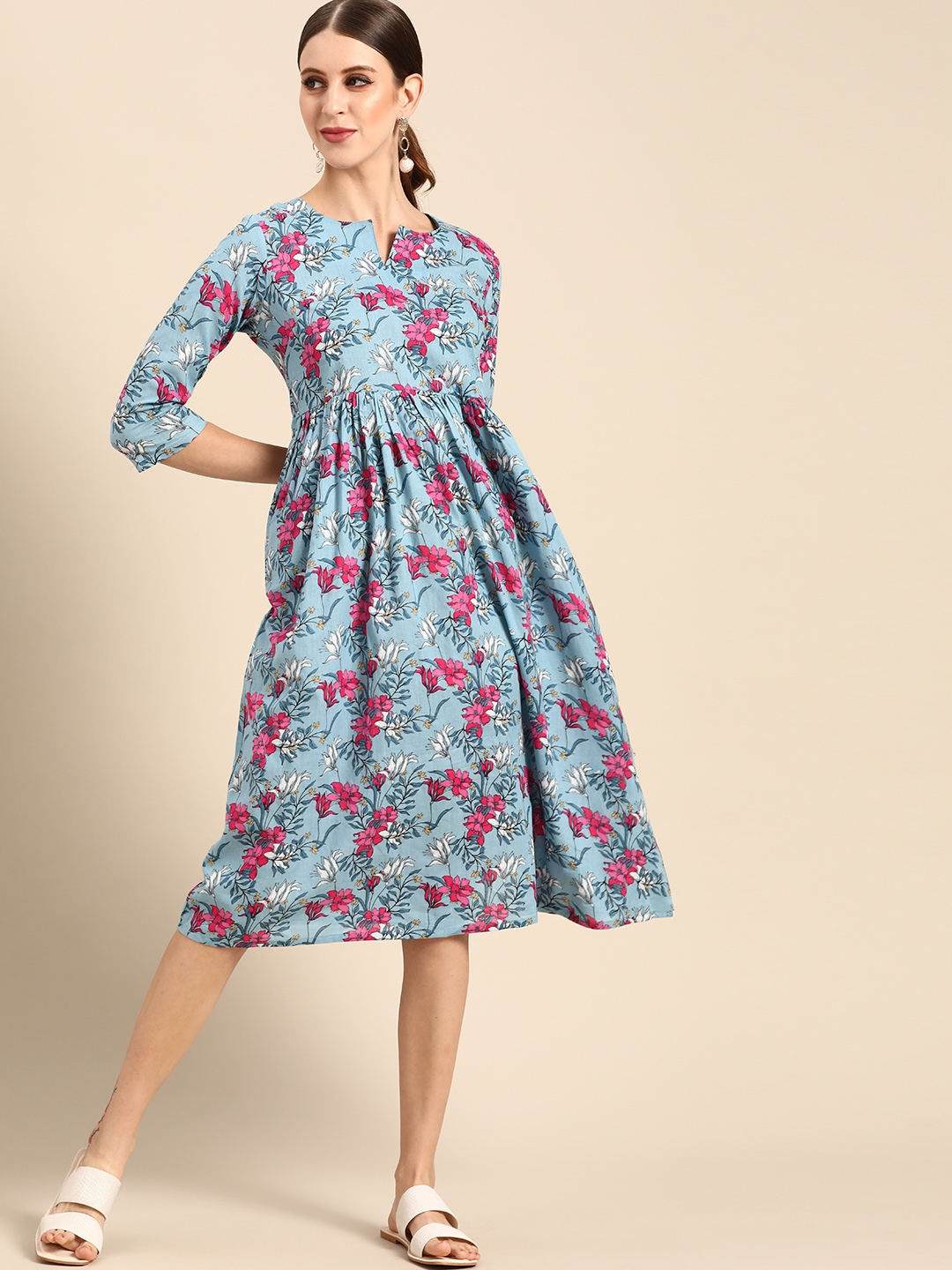 Buy Anouk Women Blue And Pink Floral Print Pure Cotton Ethnic A Line Midi
