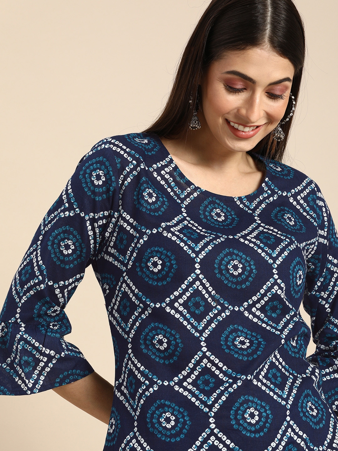 Buy Anouk Women Navy Blue And White Geometric Printed Kurta Kurtas For