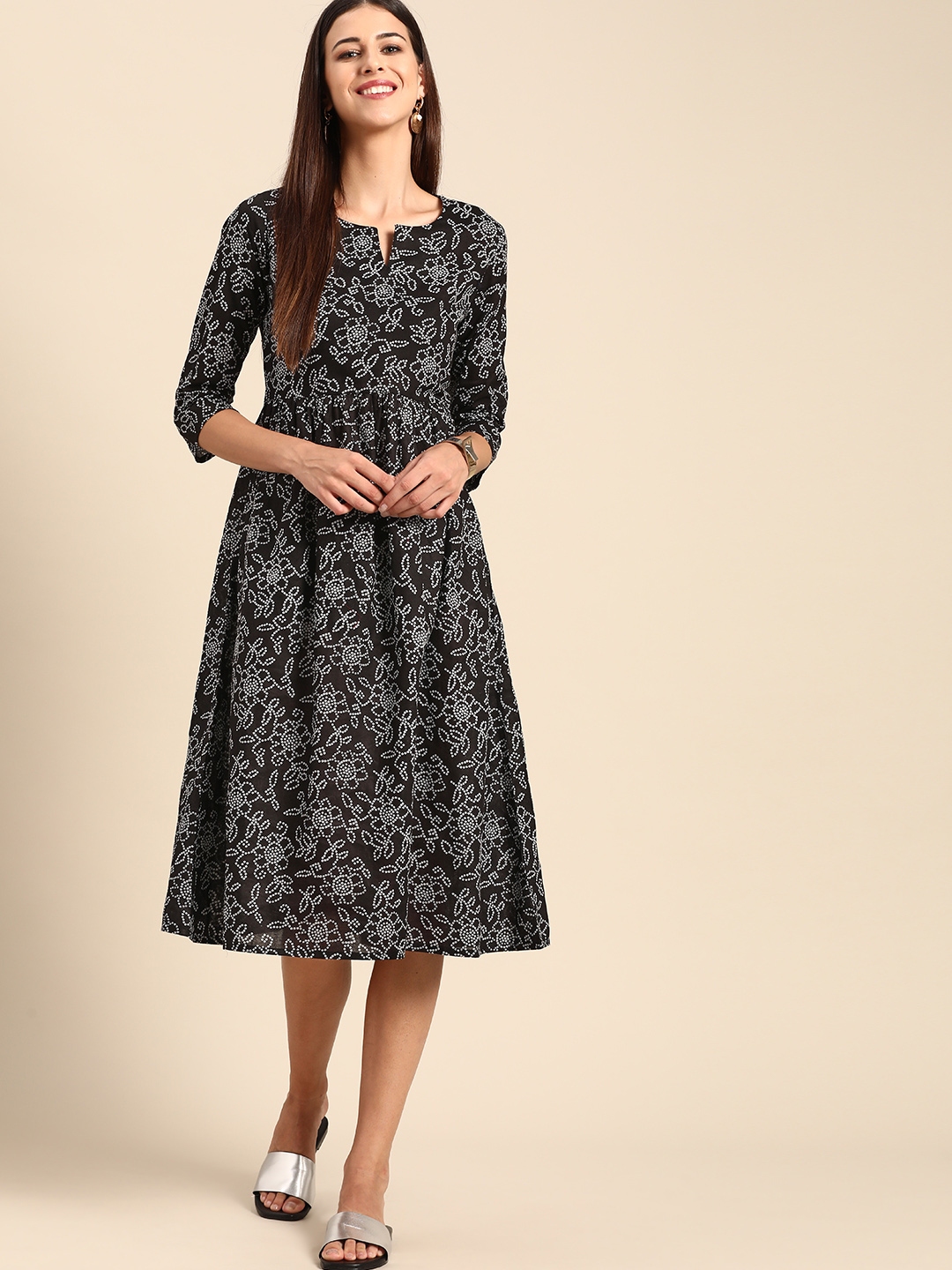 Buy Anouk Women Black And White Ethnic Motifs Print Pure Cotton A Line