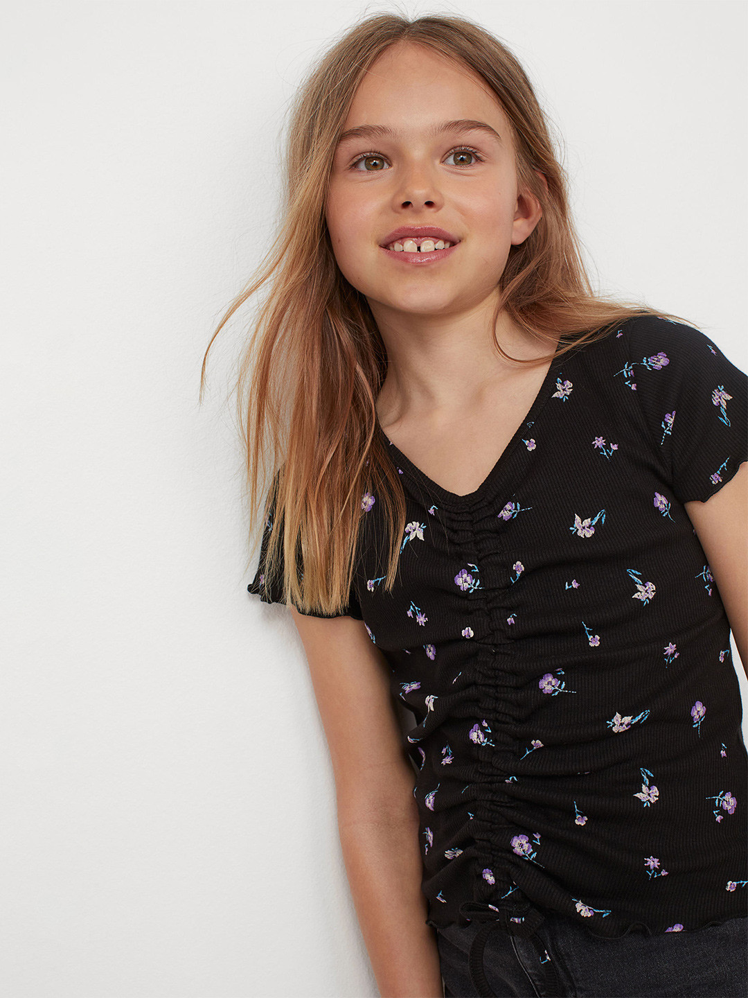 Buy H&M Girls Black & Lavender Ribbed Drawstring Top - Tops for Girls ...