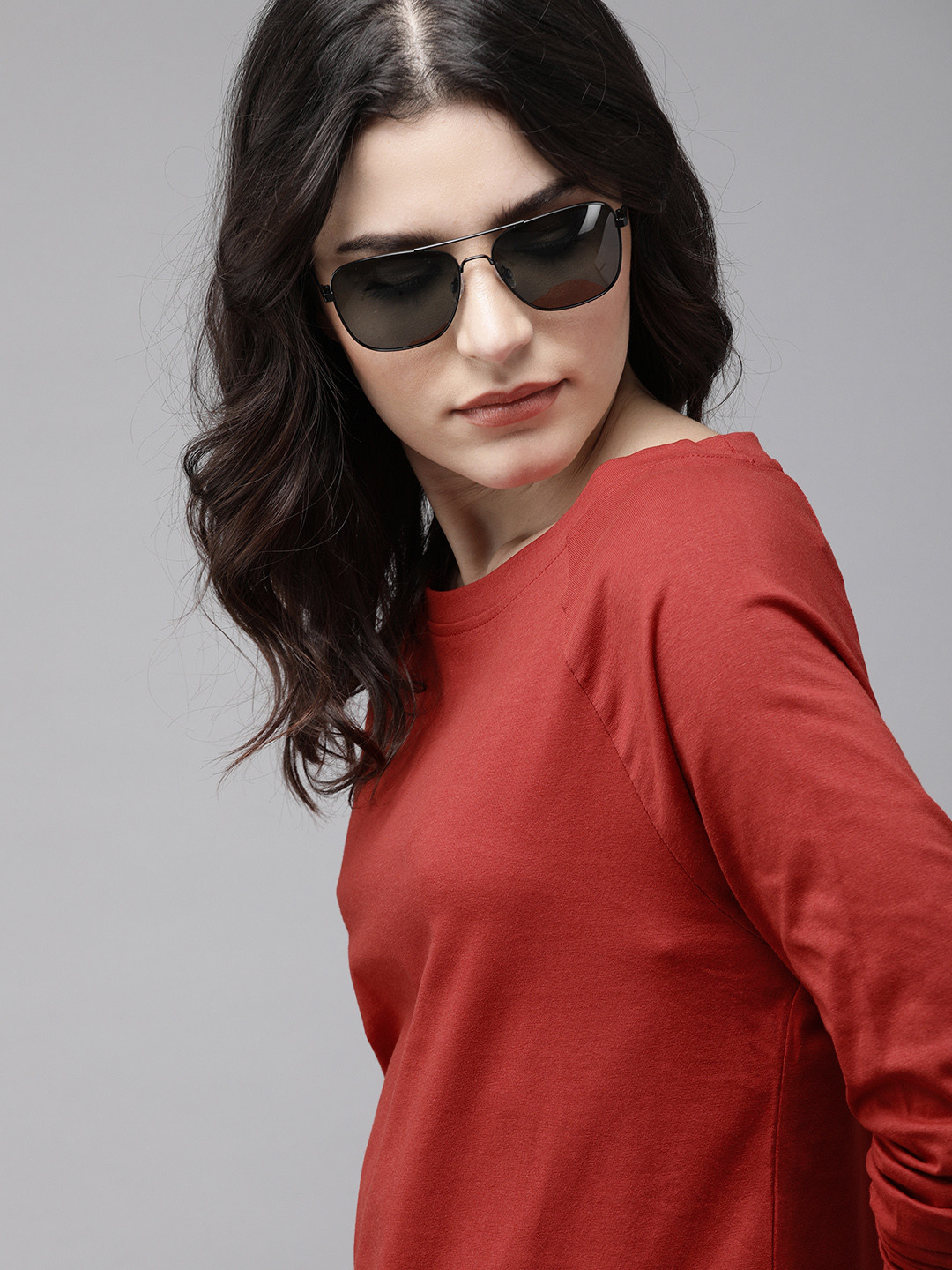 Buy Roadster Rust Red Regular Asymmetric Hemline Pure Cotton Top - Tops ...