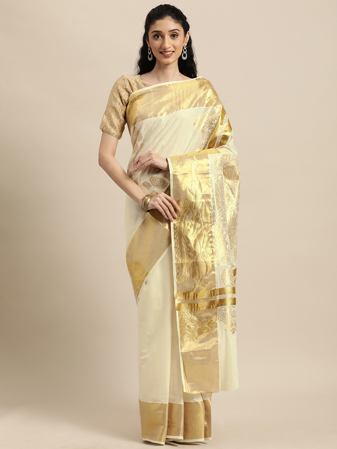 Buy Thara Saree Off White & Gold Toned Woven Design Pure Cotton Kasavu Sarees - Sarees for Women ...