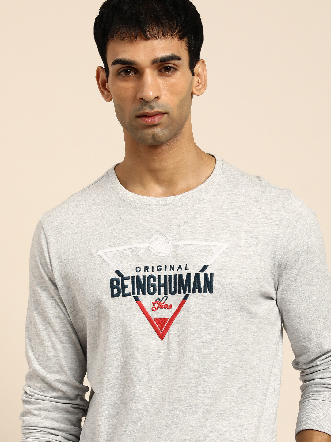 Buy Being Human Men Grey Melange Brand Logo Embroidered T Shirt ...