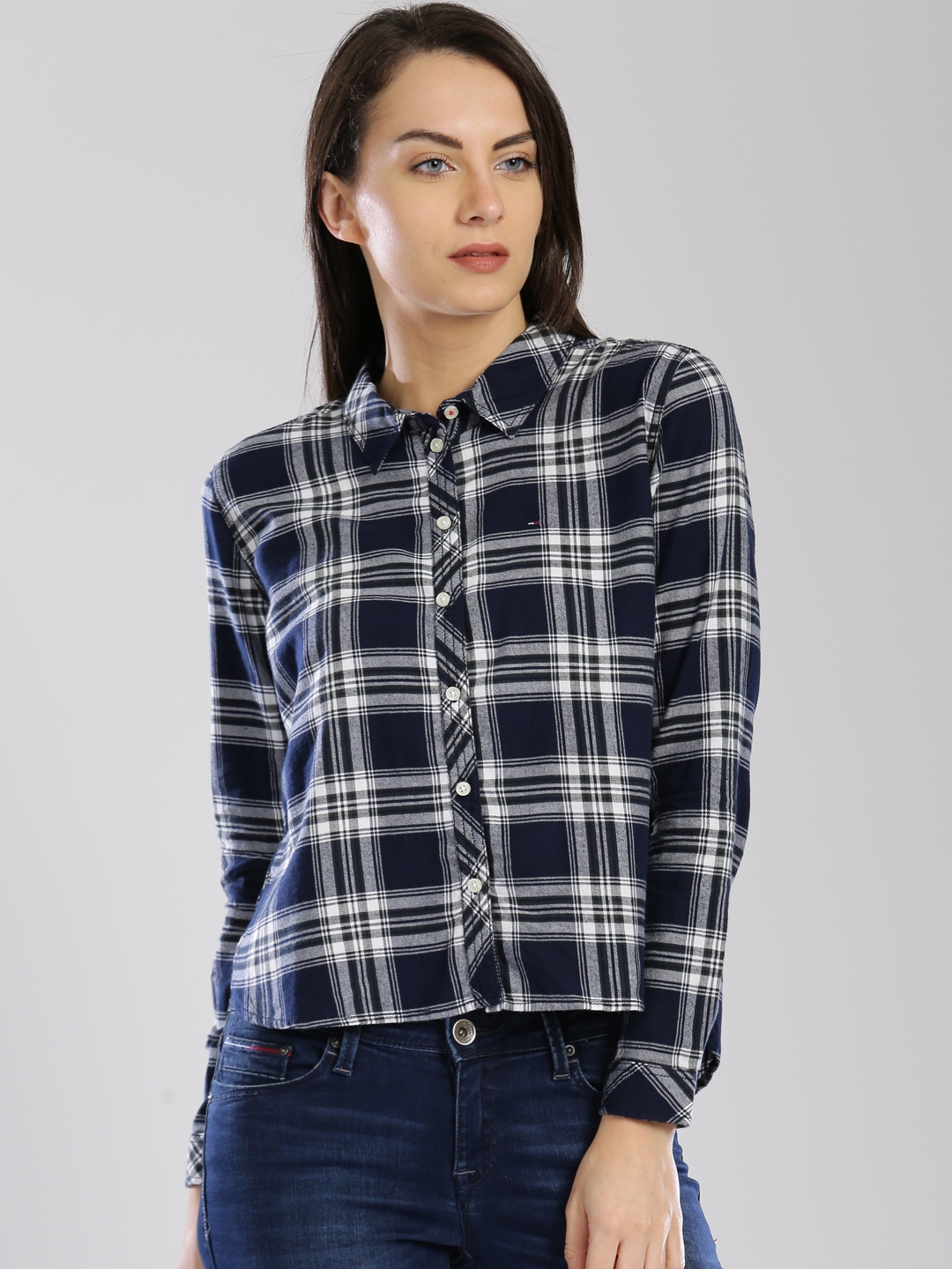 Buy Tommy Hilfiger Women Navy Regular Fit Checked Casual Shirt Shirts