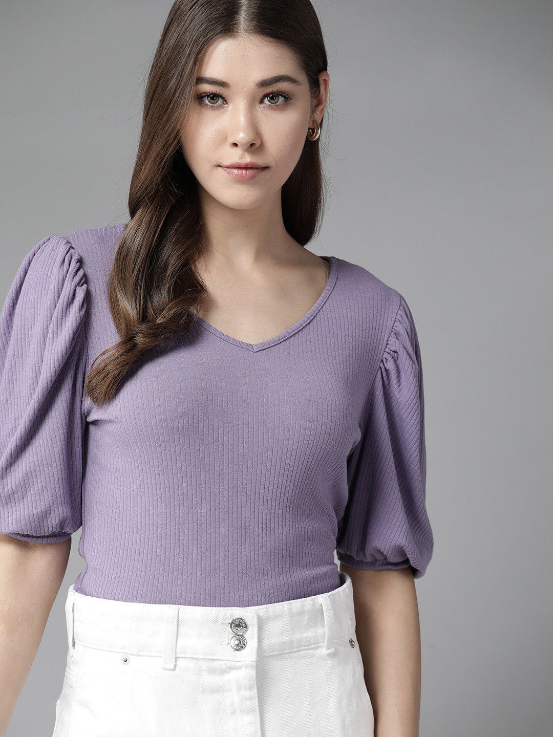 Buy Roadster Purple Ribbed Top With Puff Sleeves - Tops for Women ...