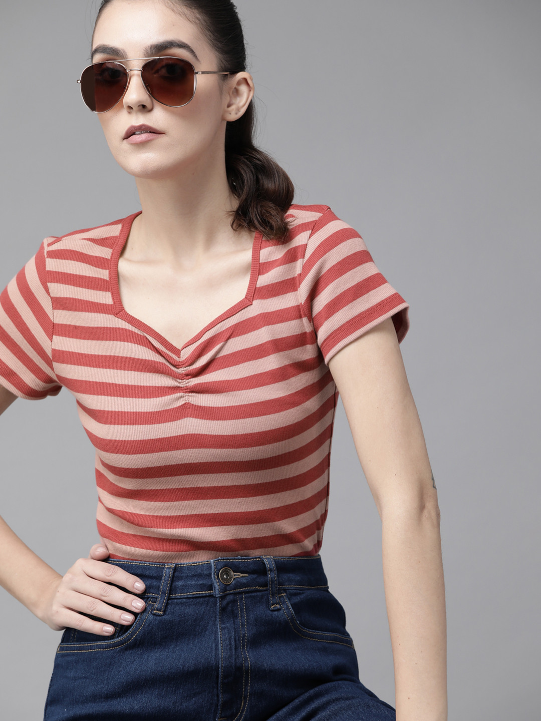 Buy Roadster Dusty Pink & Red Striped Sweetheart Neck Top - Tops for ...