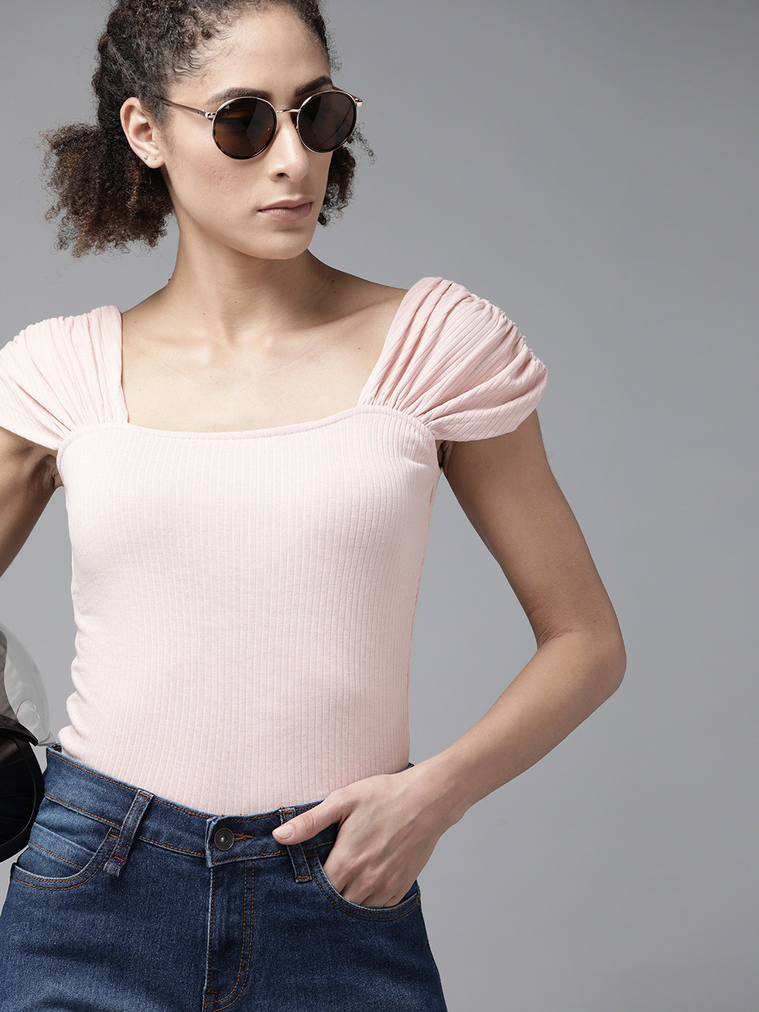 Buy Roadster Pink Ribbed Gathered Fitted Top - Tops for Women 14935996 ...