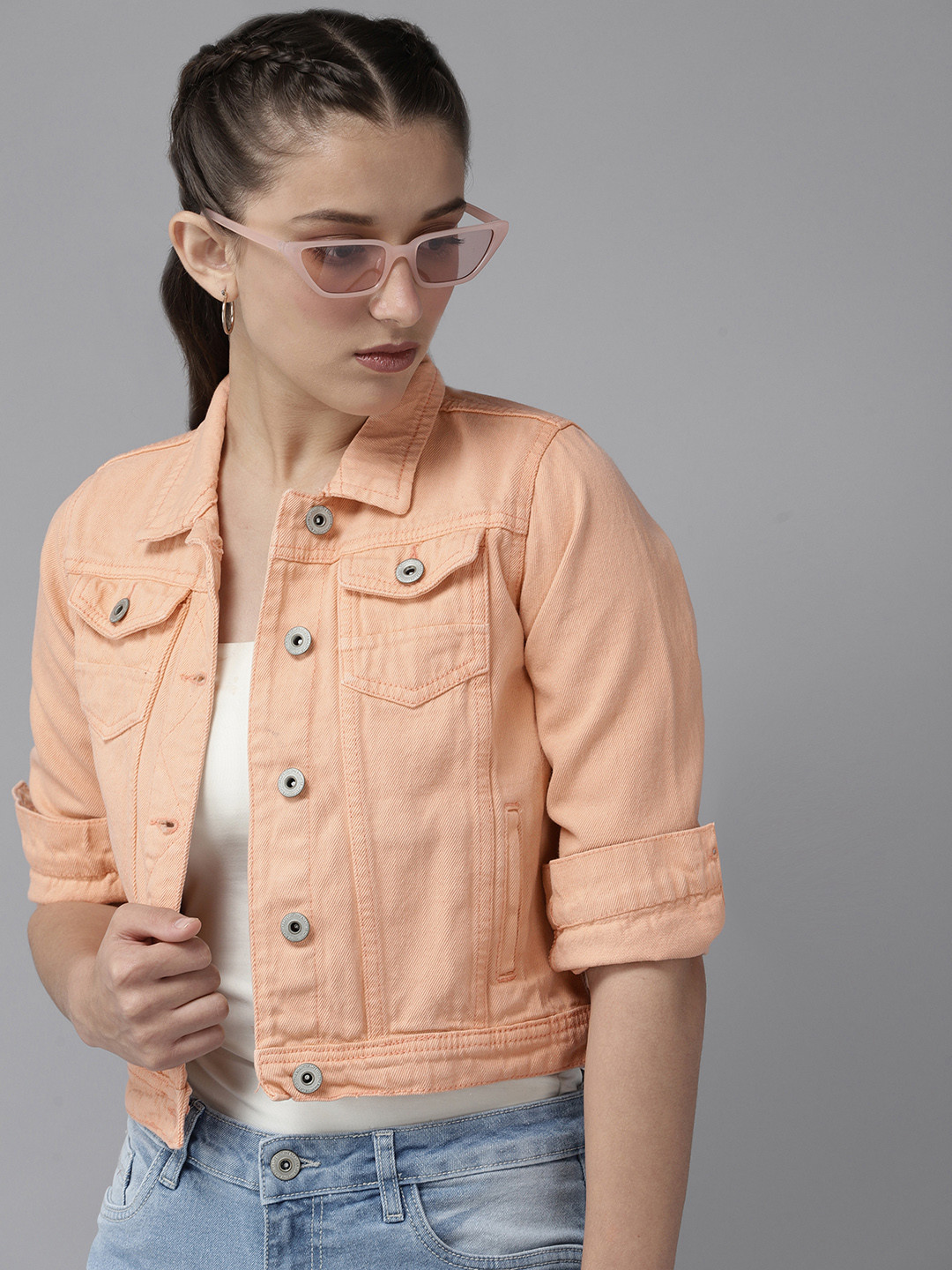 Buy UTH By Roadster Girls Peach Coloured Cotton Denim Jacket - Jackets ...
