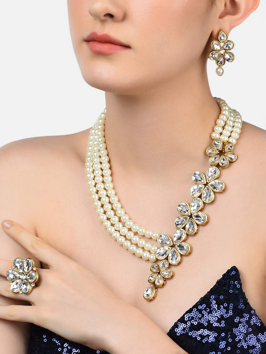 Buy Zaveri Pearls Gold Plated White Stone Studded & Pearl Beaded ...
