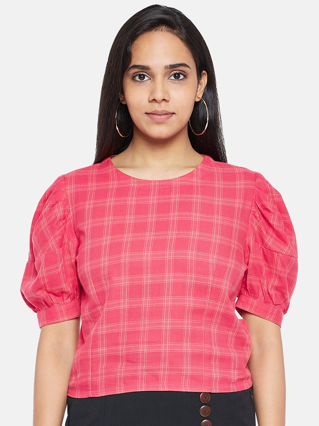Buy People Pink Checked Puff Sleeve Regular Top - Tops for Women ...
