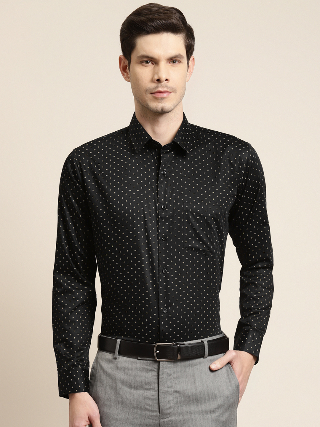 Buy Hancock Men Black Pure Cotton Slim Fit Printed Formal Shirt ...
