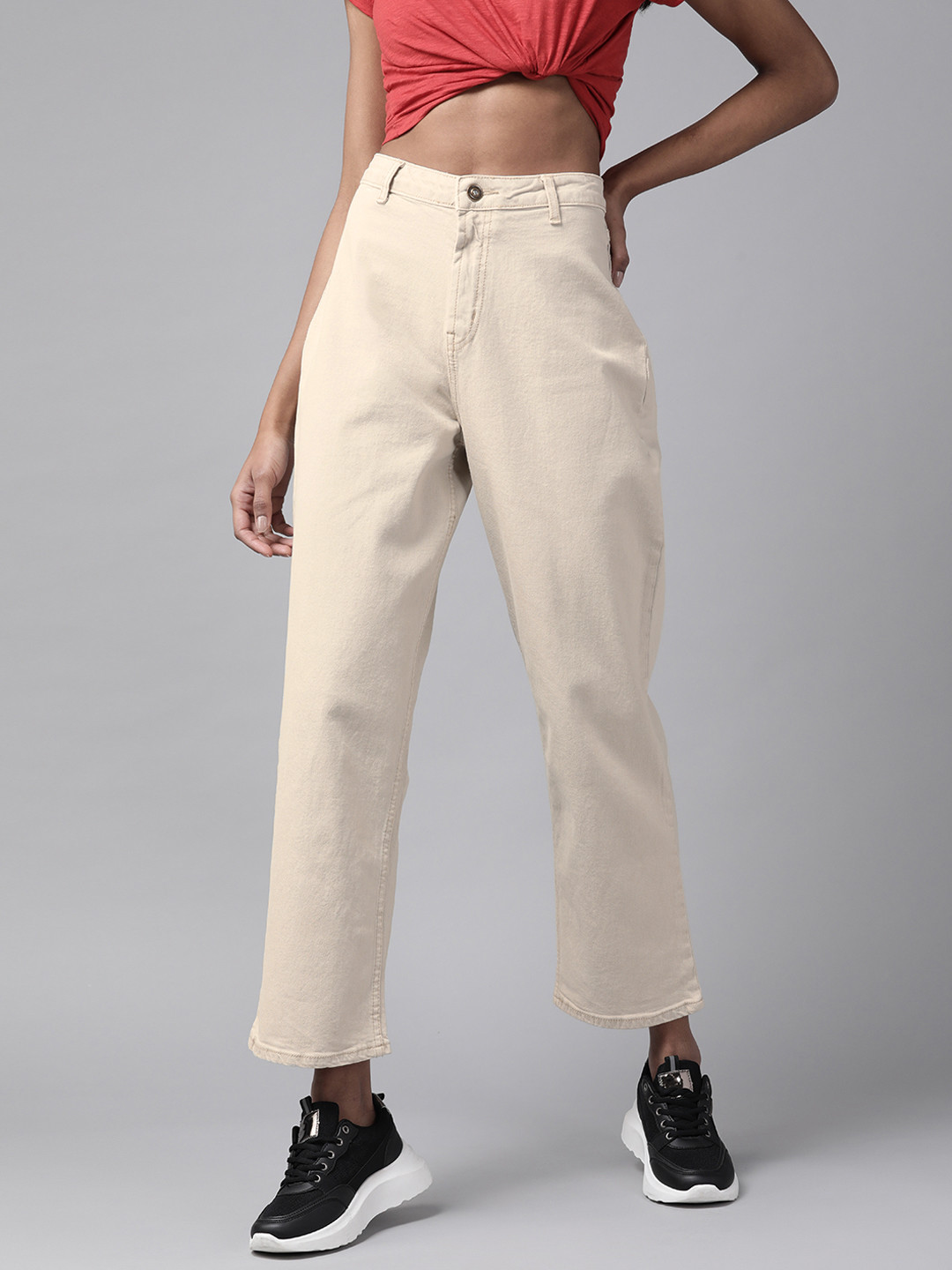 Buy Roadster Women Cream Coloured High Rise Straight Fit Stretchable ...