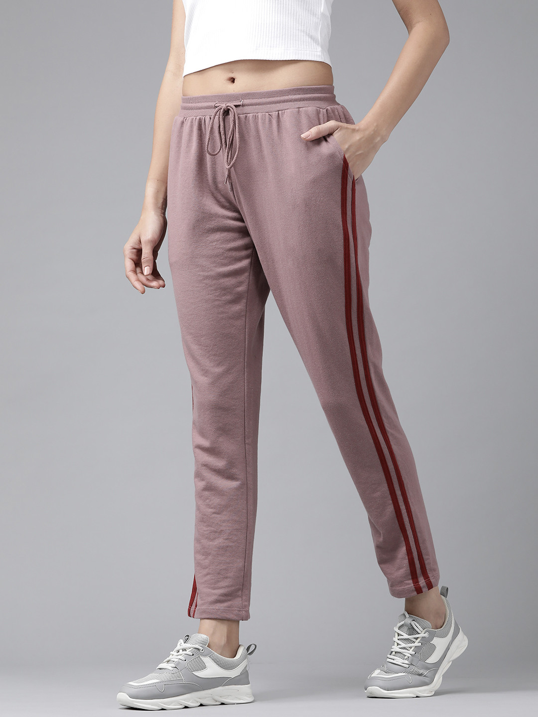 Buy Roadster Women Mauve Solid Cropped Track Pants With Side Stripes ...