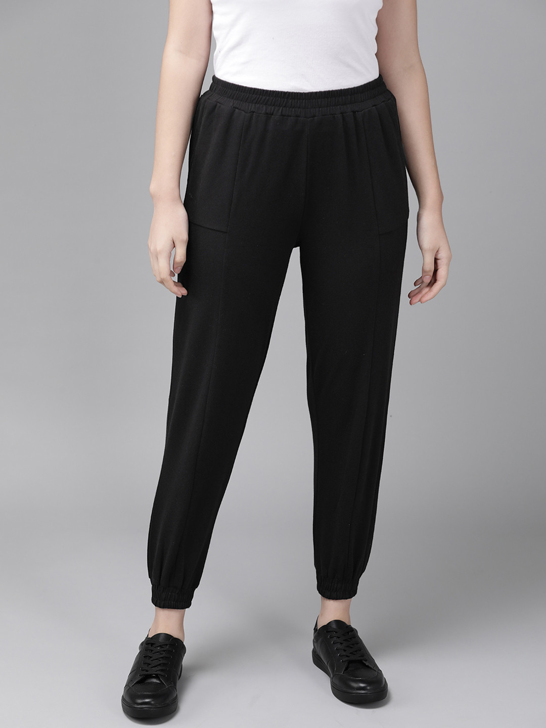 Buy Roadster Women Black Solid Straight Fit Cropped Joggers - Track ...