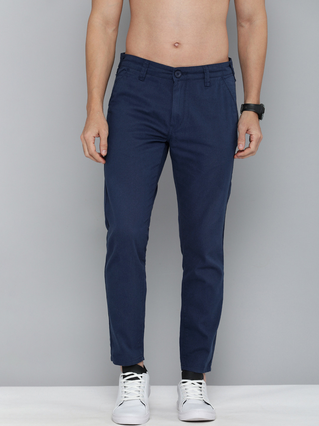 Buy HERE&NOW Men Navy Blue Solid Regular Fit Chinos Trousers - Trousers ...