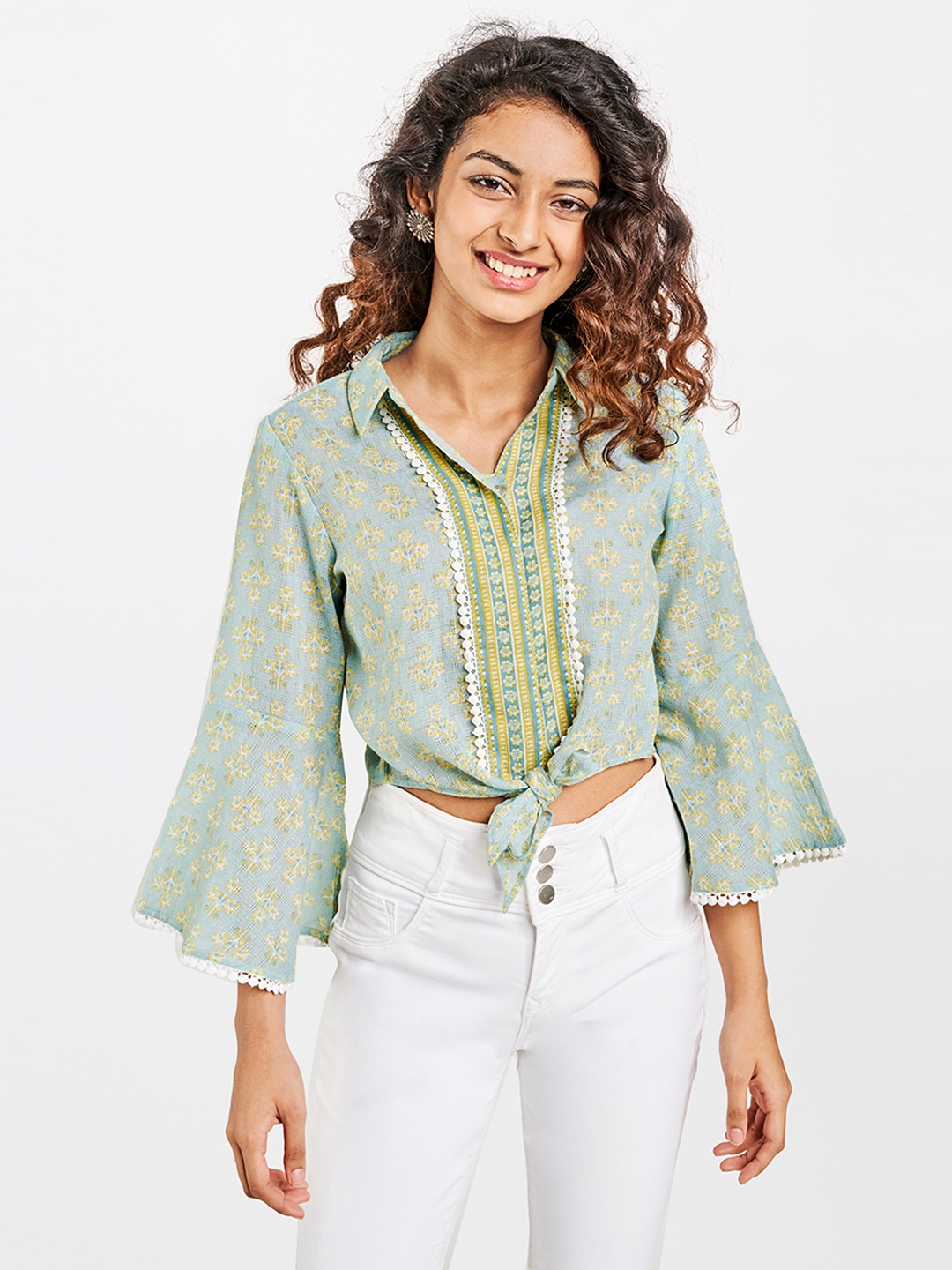 Buy Global Desi Women Light Blue Ethnic Motifs Printed Shirt Style Crop ...
