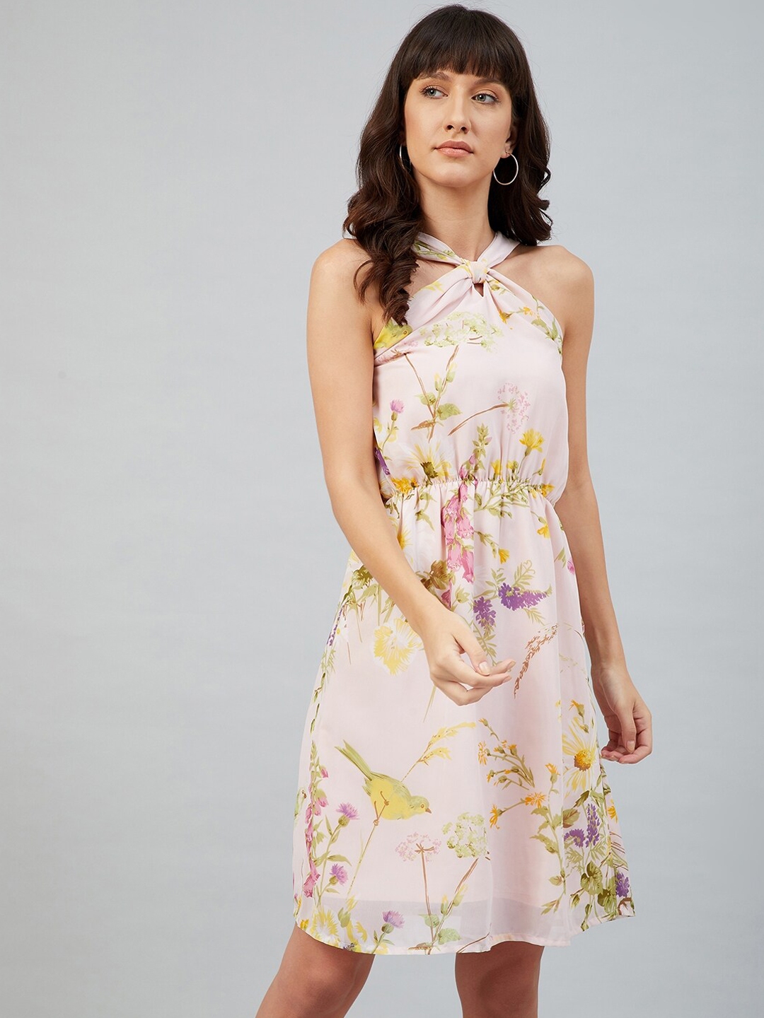 Buy Rare Pink Floral Halter Neck Georgette Dress Dresses For Women