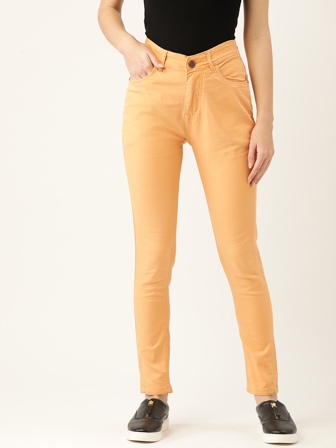 Buy PARIS HAMILTON Women Peach Coloured Slim Fit High Rise Stretchable ...