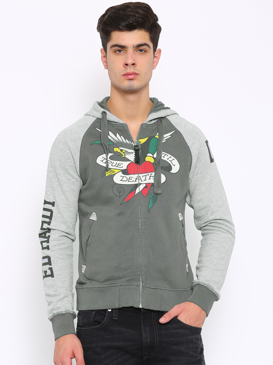 Buy Ed Hardy Grey Printed Hooded Sweatshirt - Sweatshirts for Men ...