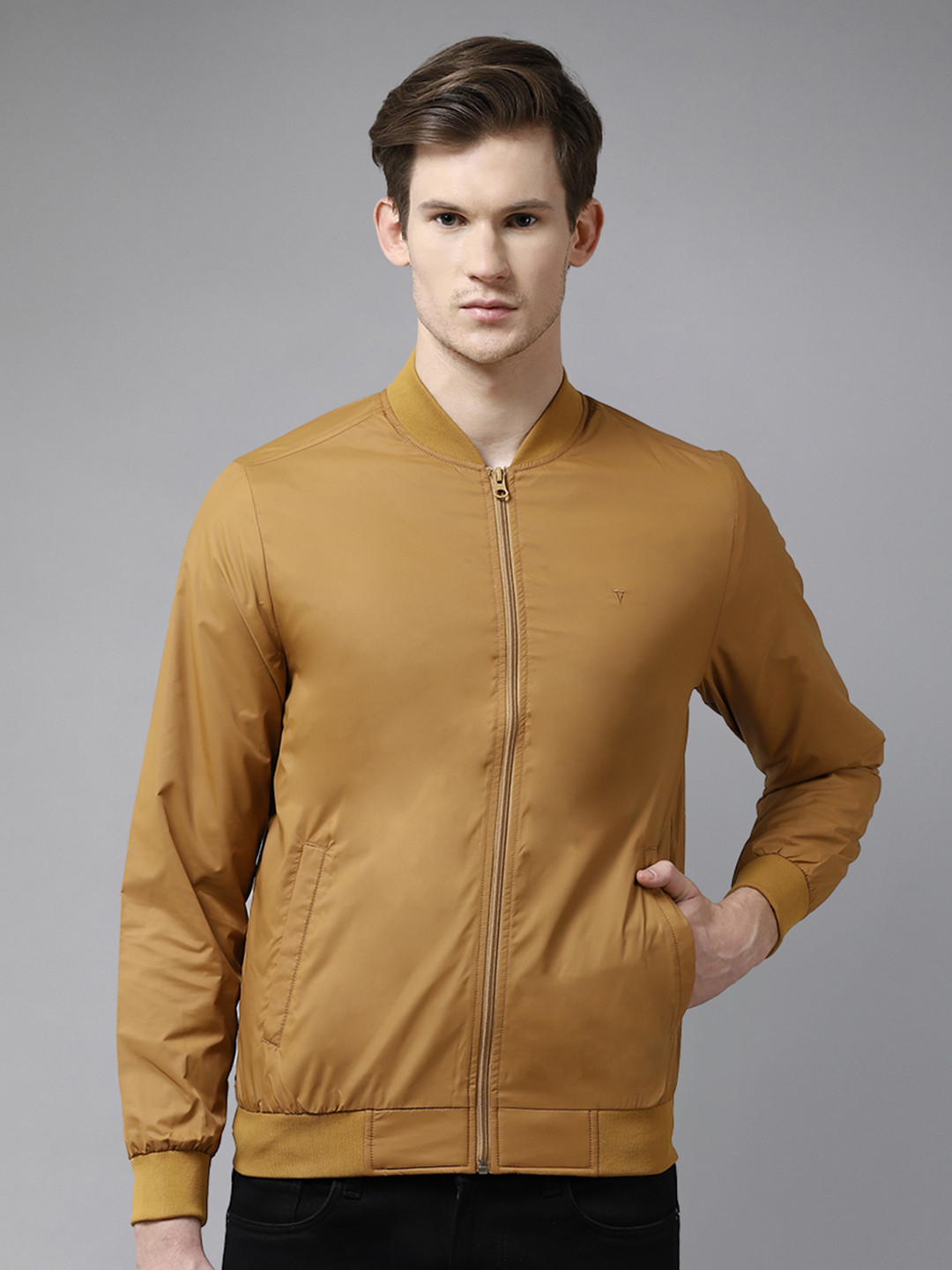 Buy Van Heusen Men Mustard Brown Solid Bomber Jacket - Jackets for Men ...
