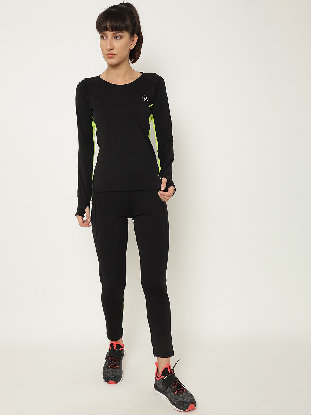 Buy Chkokko Women Black & Fluorescent Green Colourblocked Tracksuit ...