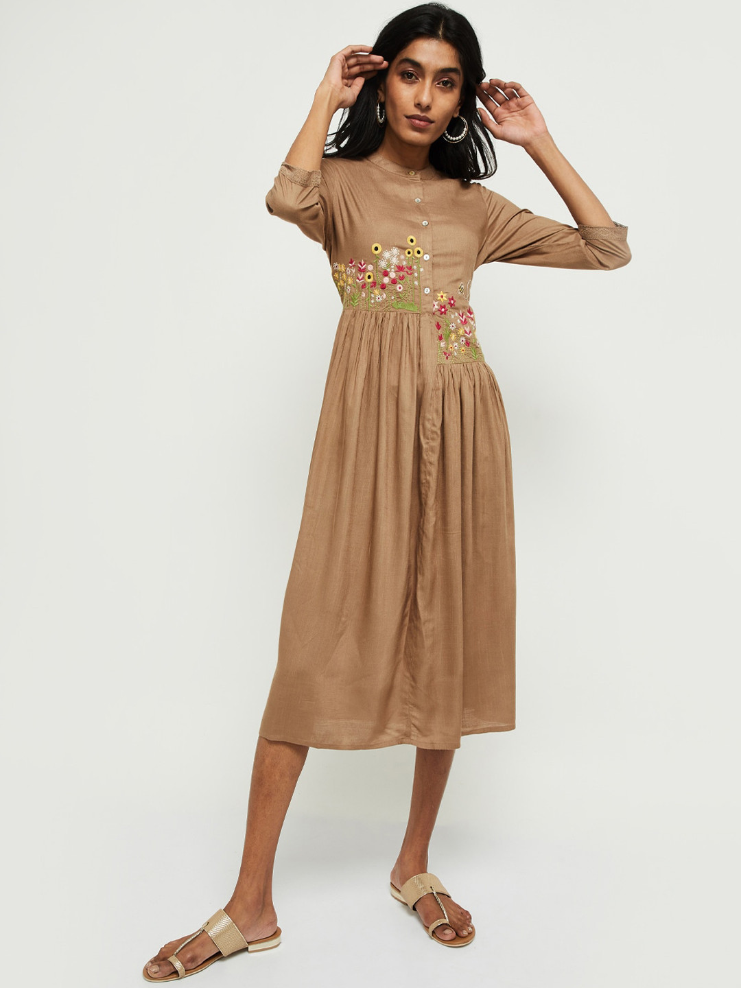 Buy Max Beige Floral Embroidered Midi Fit & Flare Dress - Ethnic ...