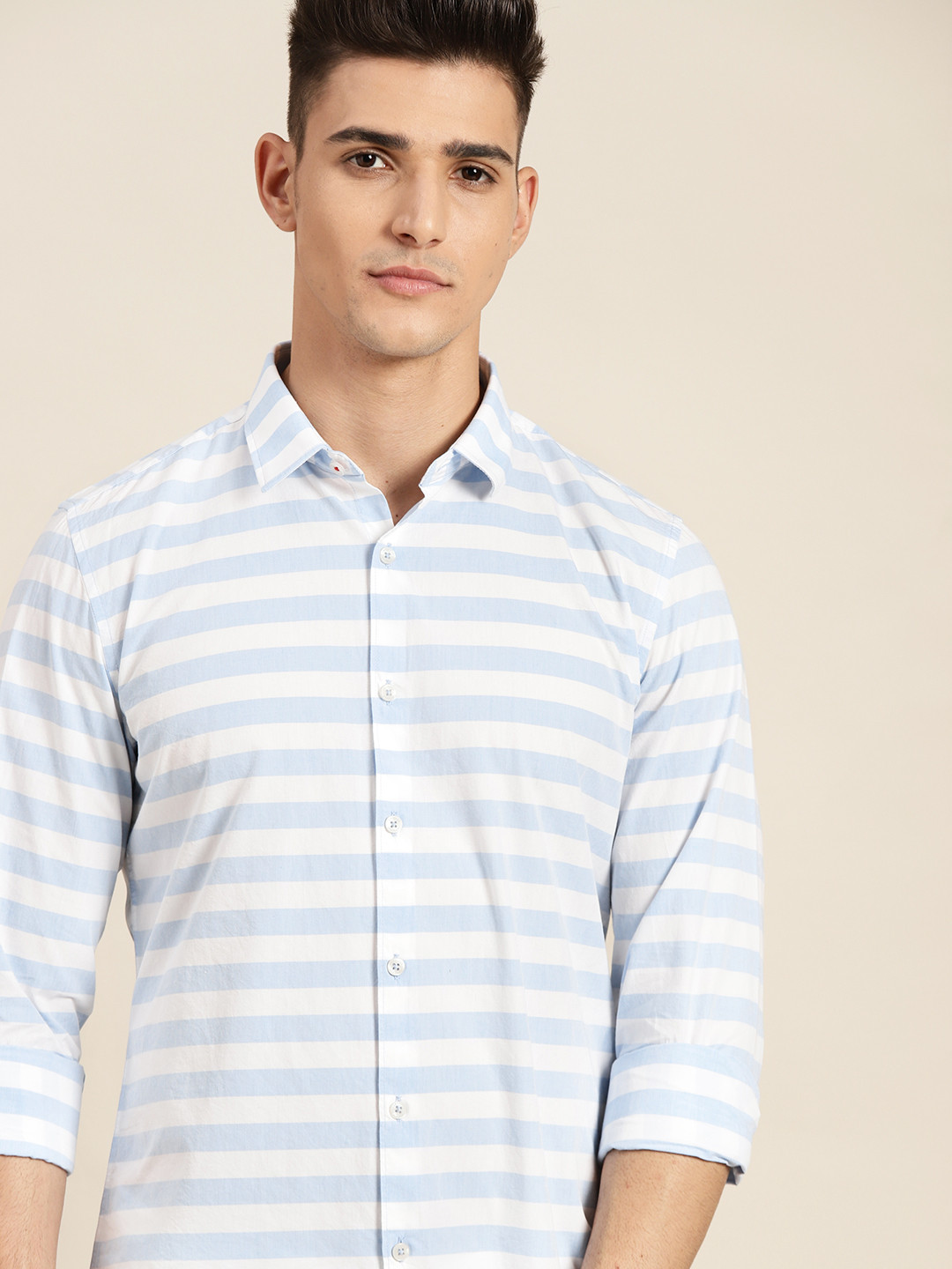 Buy INVICTUS Men Blue & White Pure Cotton Slim Fit Striped Casual Shirt ...