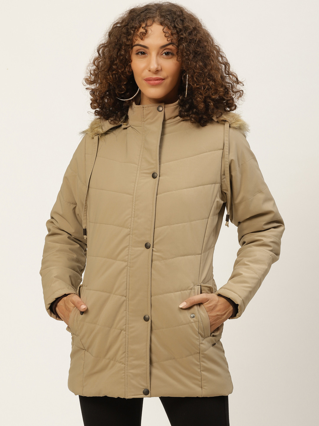 Buy Okane Women Beige Solid Detachable Hood Parka Jacket - Jackets for ...