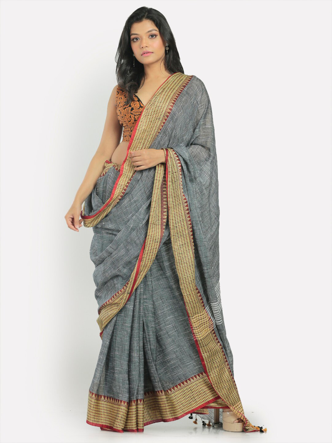 Buy Aryavart Grey & Brown Woven Design Zari Pure Cotton Saree - Sarees ...