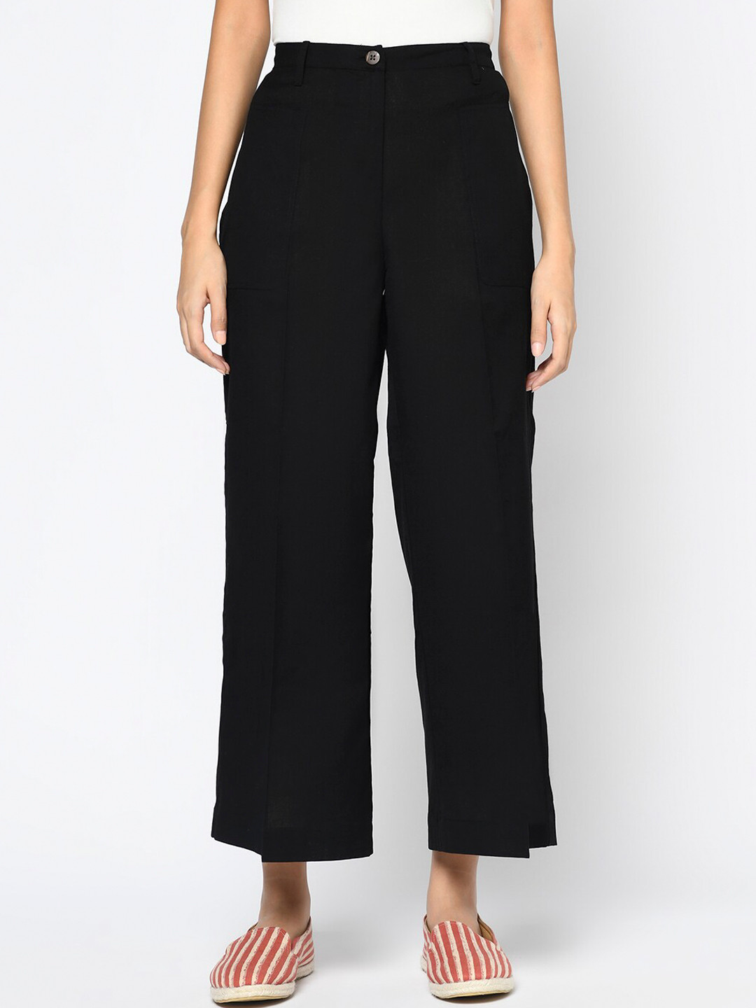 Buy Fabindia Women Black Straight Fit Solid Culottes Trousers ...
