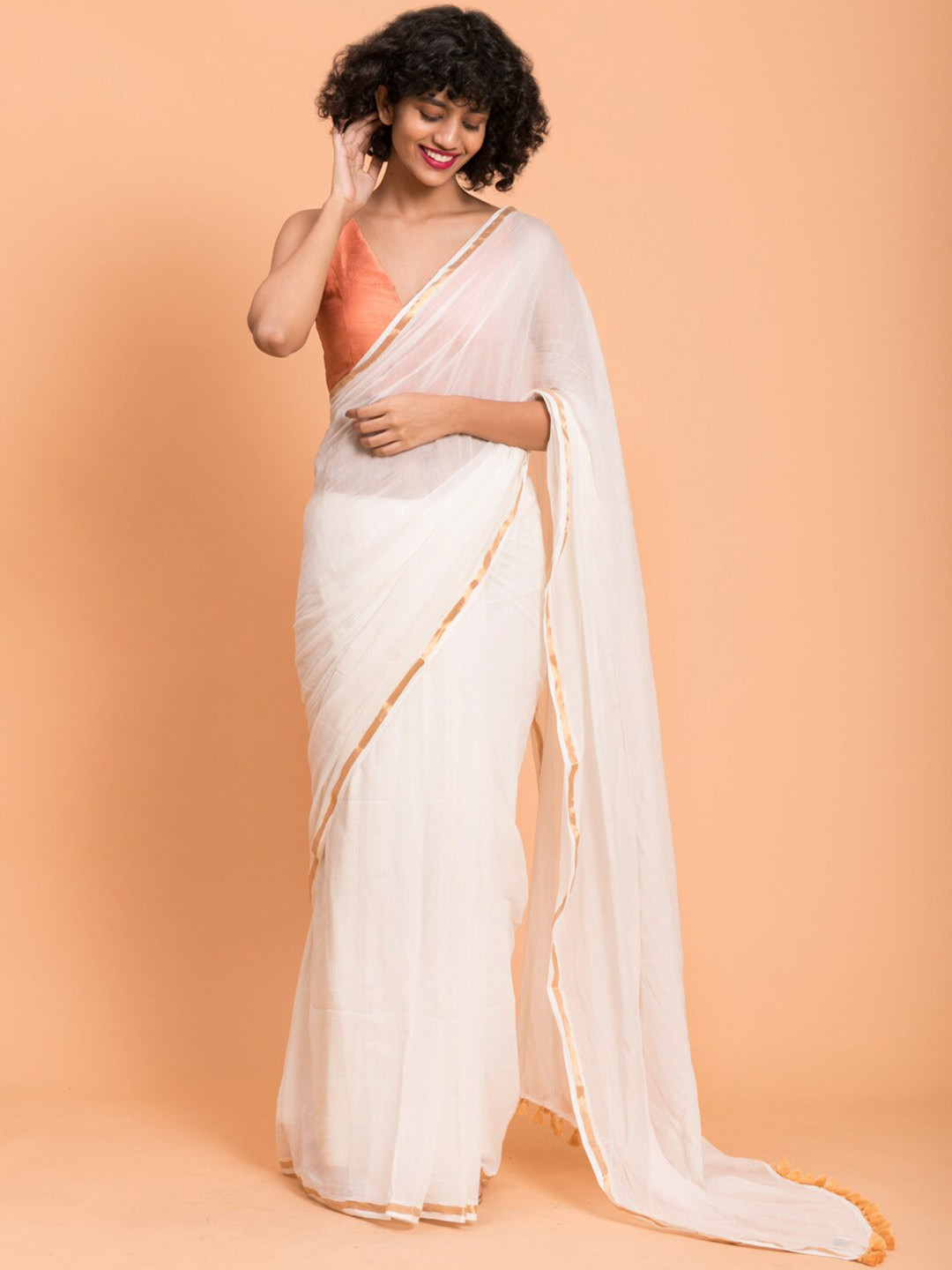 Buy Suta White & Gold Toned Zari Pure Cotton Solid Saree - Sarees for ...