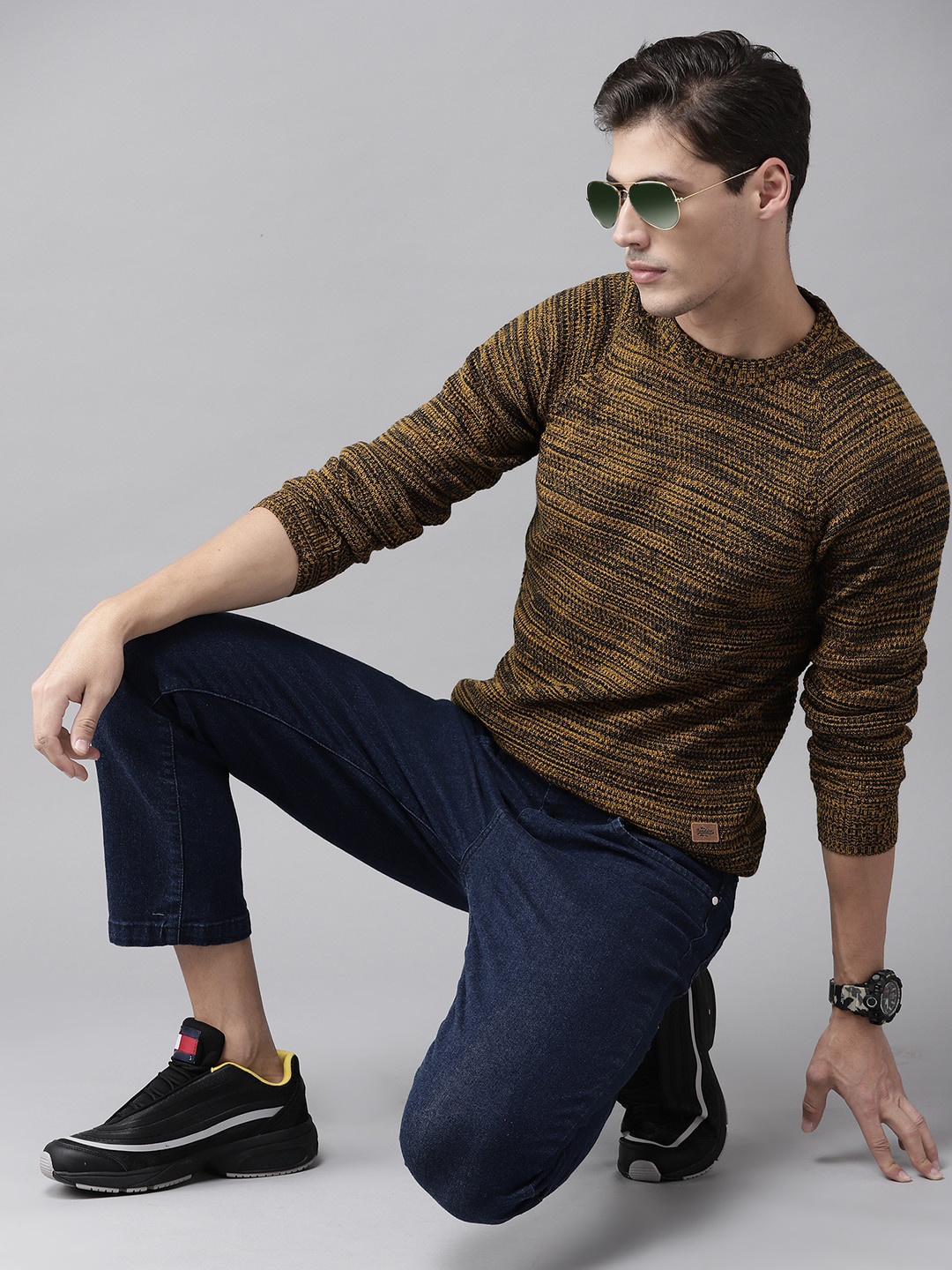 Buy Roadster Men Yellow & Black Solid Pullover - Sweaters for Men ...