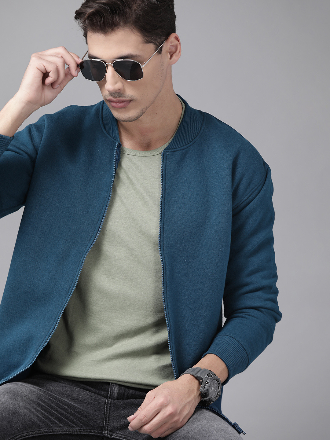 Buy Roadster Men Teal Blue Solid Bomber Jacket - Jackets for Men ...