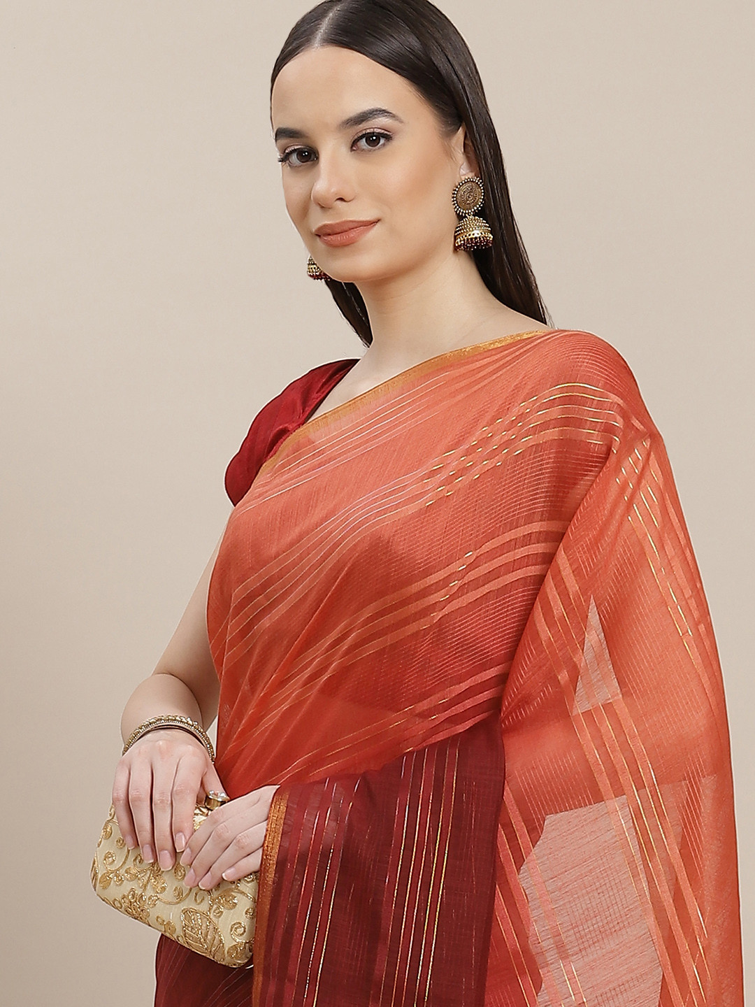 Buy Anouk Rust Orange & Maroon Ombre Striped Saree - Sarees for Women ...