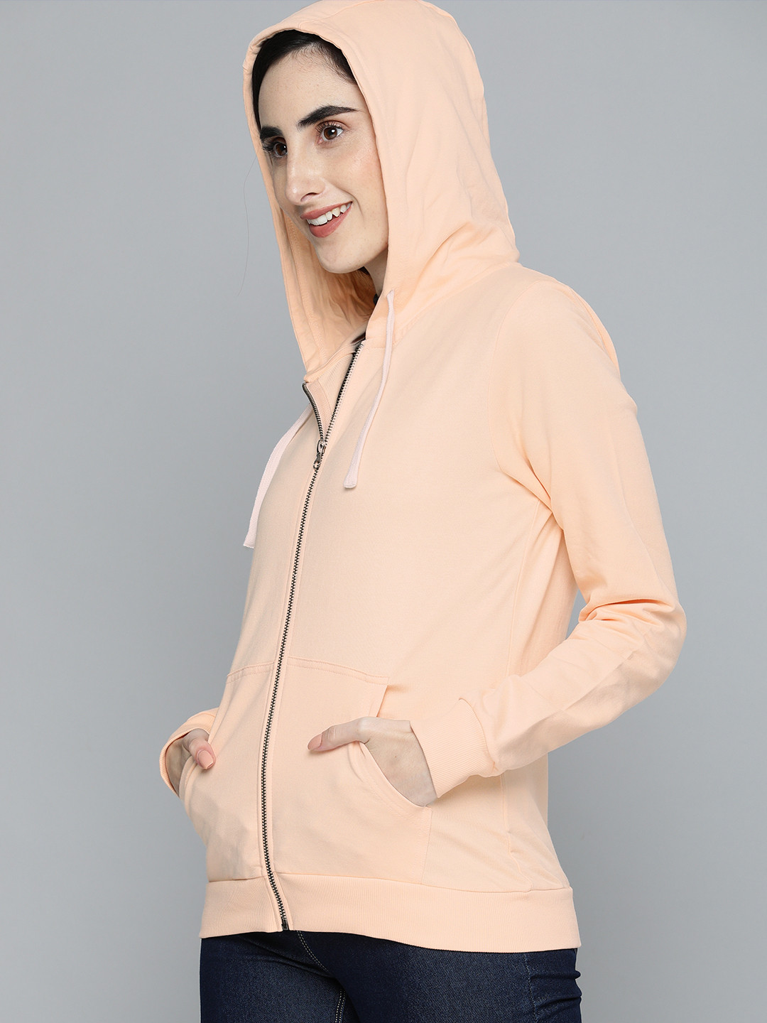 Buy HERE&NOW Women Peach Solid Pure Cotton Hooded Front Open Sweatshirt ...