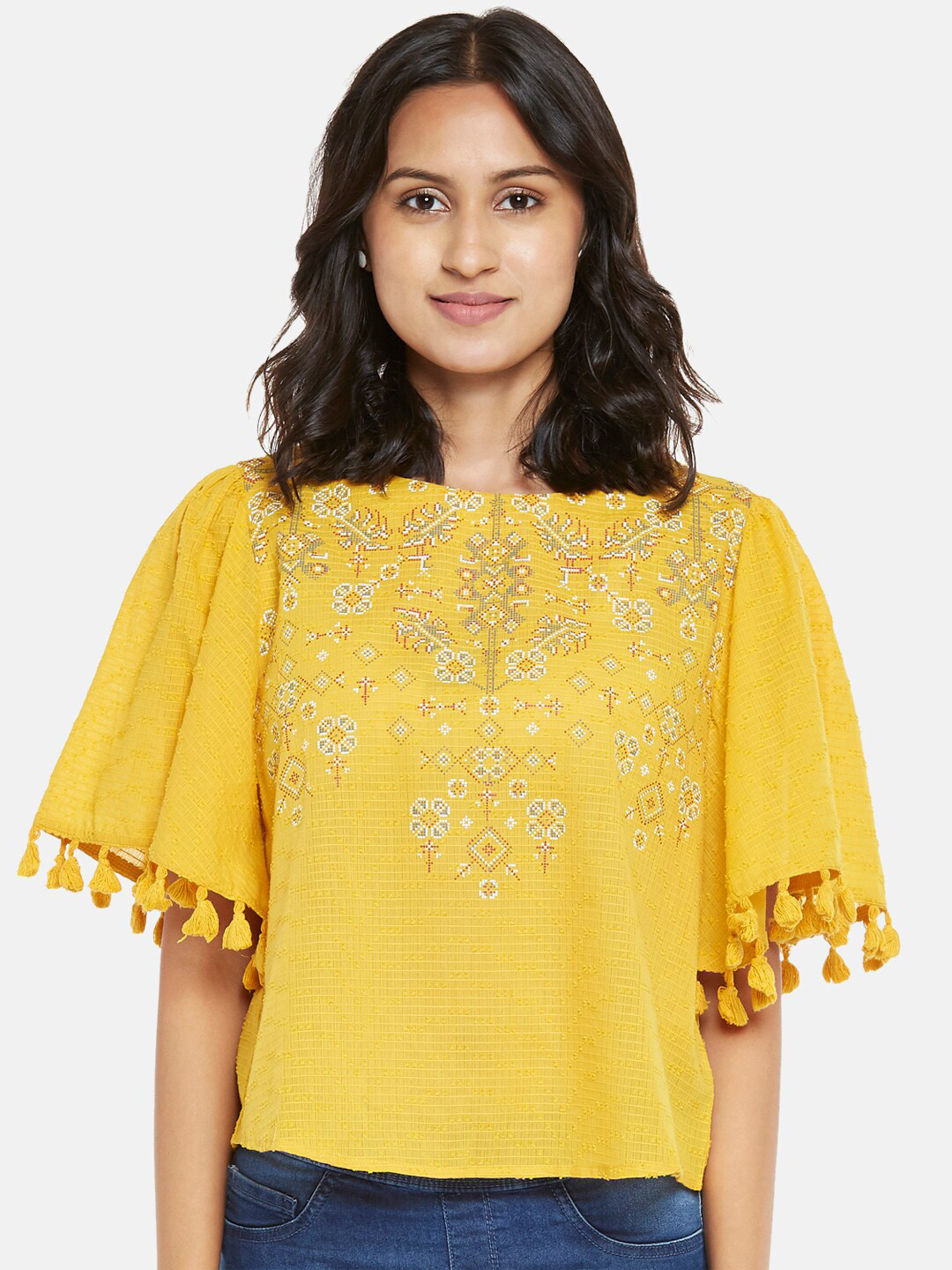 Buy People Women Mustard Yellow Ethnic Motifs Printed Flared Sleeves ...