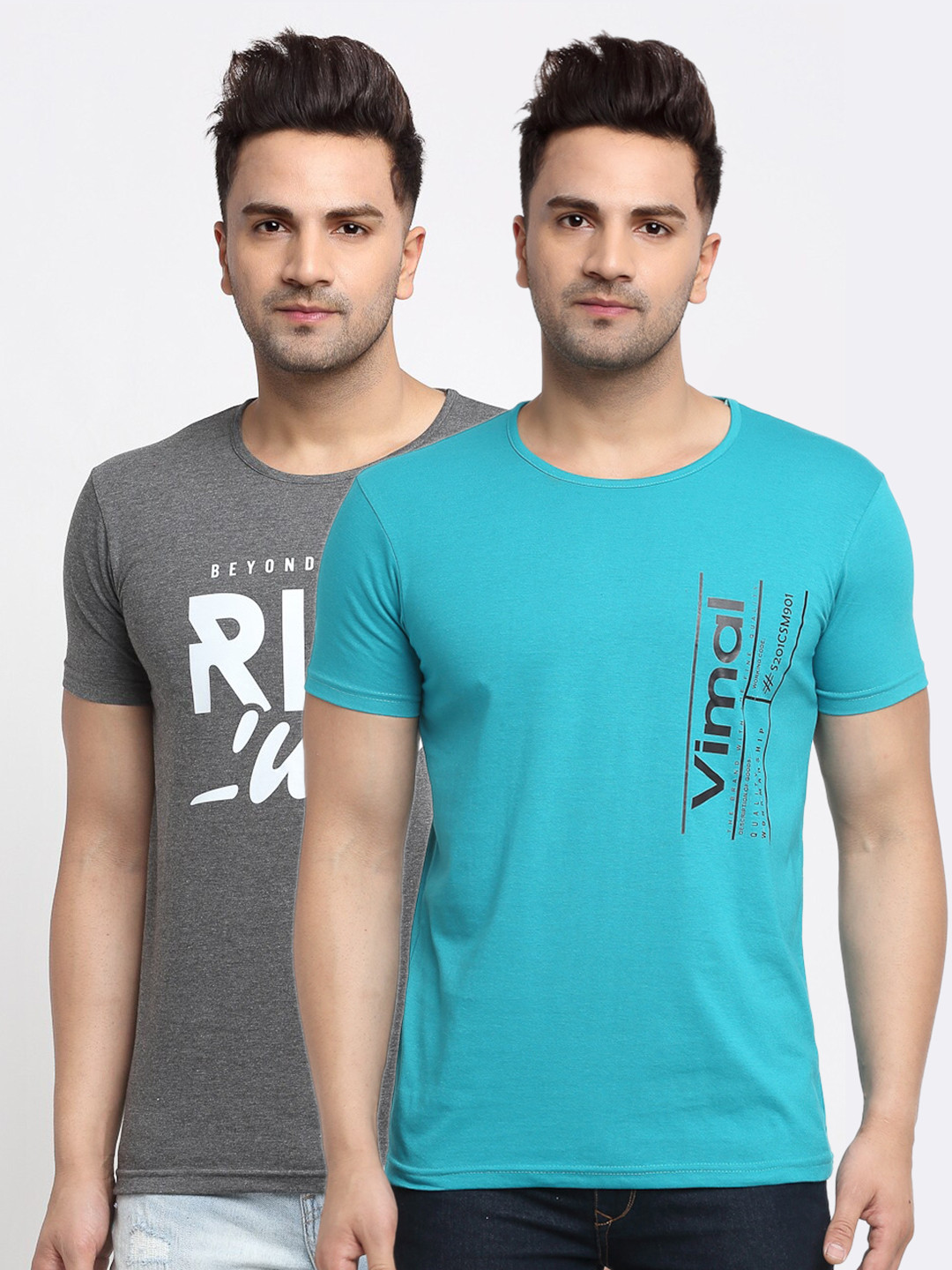 Buy VIMAL JONNEY Men Pack Of 2 Blue & Grey Typography Printed T Shirt ...