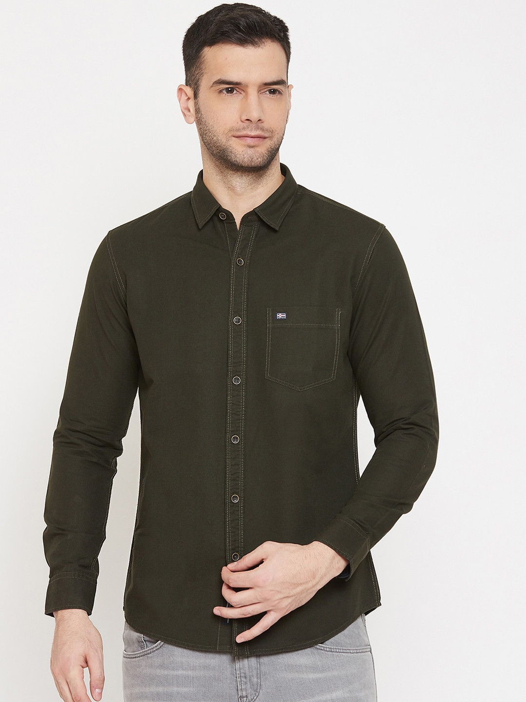 Buy Octave Men Olive Green Solid Regular Fit Casual Shirt - Shirts for ...