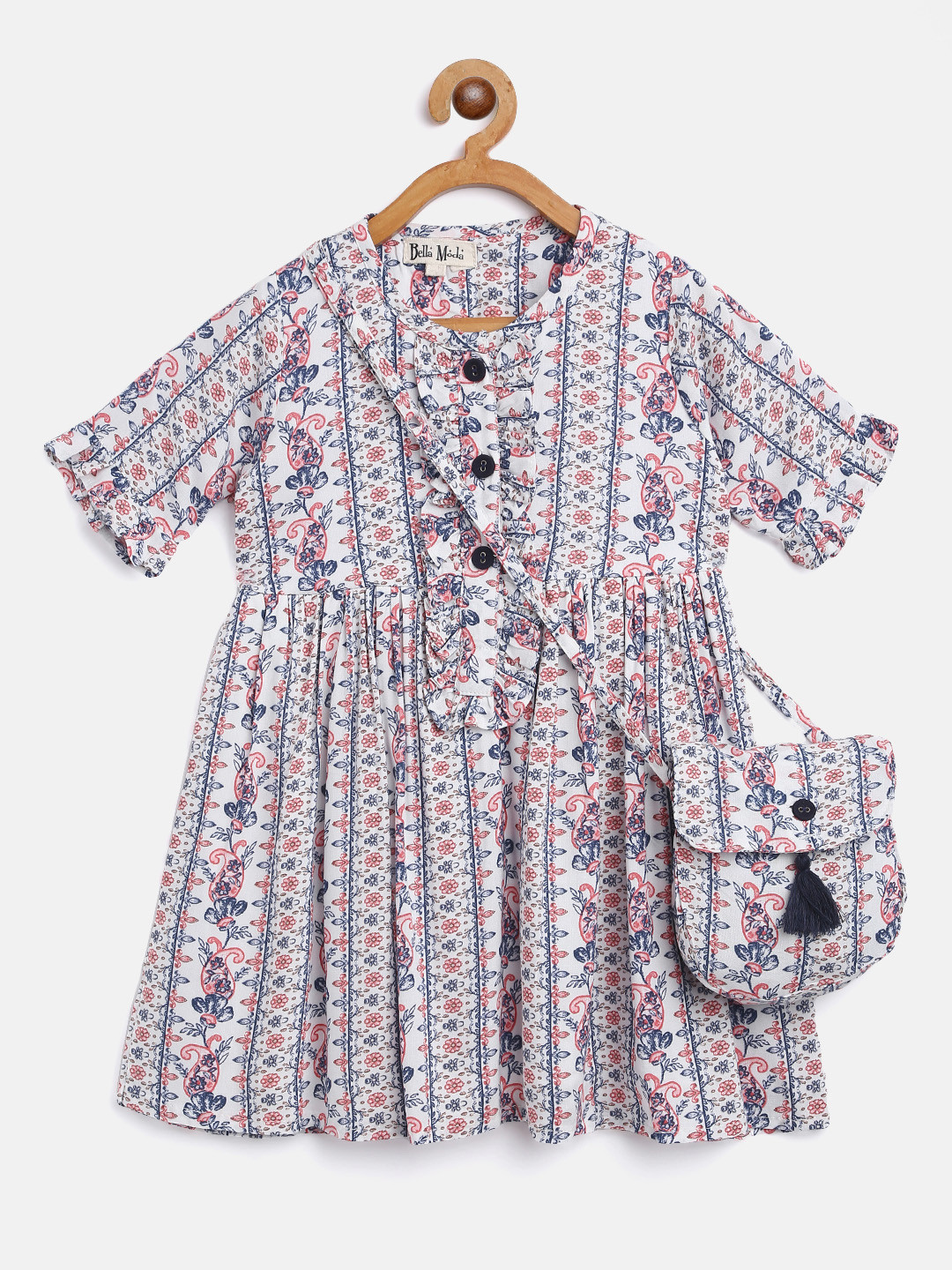 Buy Bella Moda Girls White & Navy Blue Floral Print Fit And Flare Dress ...