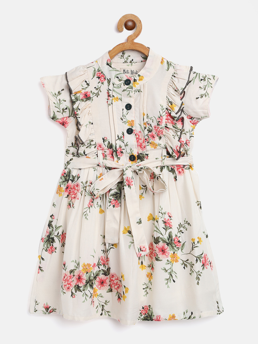 Buy Bella Moda Girls Off White & Green Floral Printed Fit & Flare Dress ...