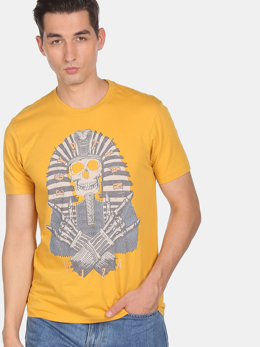 Buy Flying Machine Men Yellow Graphic Printed Pure Cotton T Shirt ...