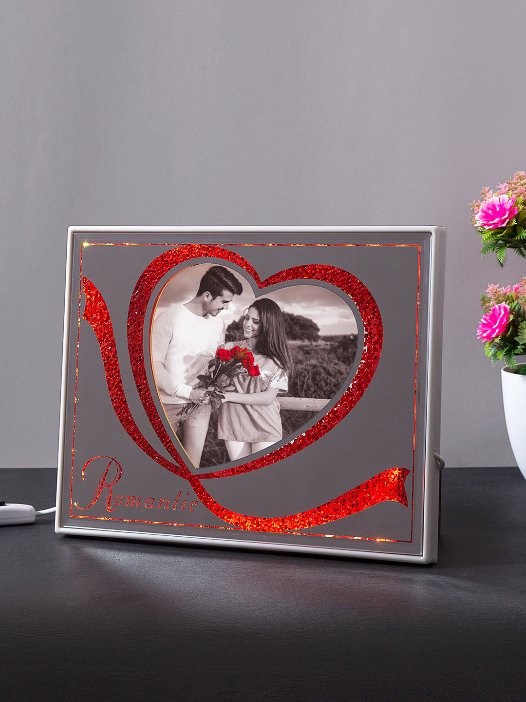 Buy Golden Peacock White & Red Heart Shaped LED Table Top Photo Frame ...