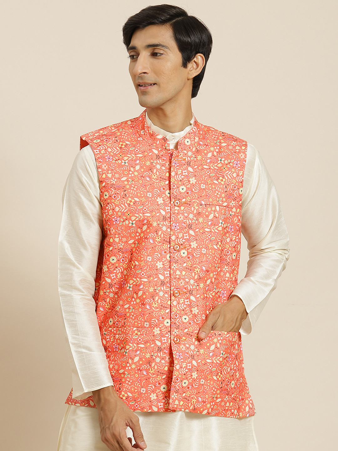 Buy Sojanya Men Peach Coloured & White Ethnic Motifs Print Pure Cotton ...