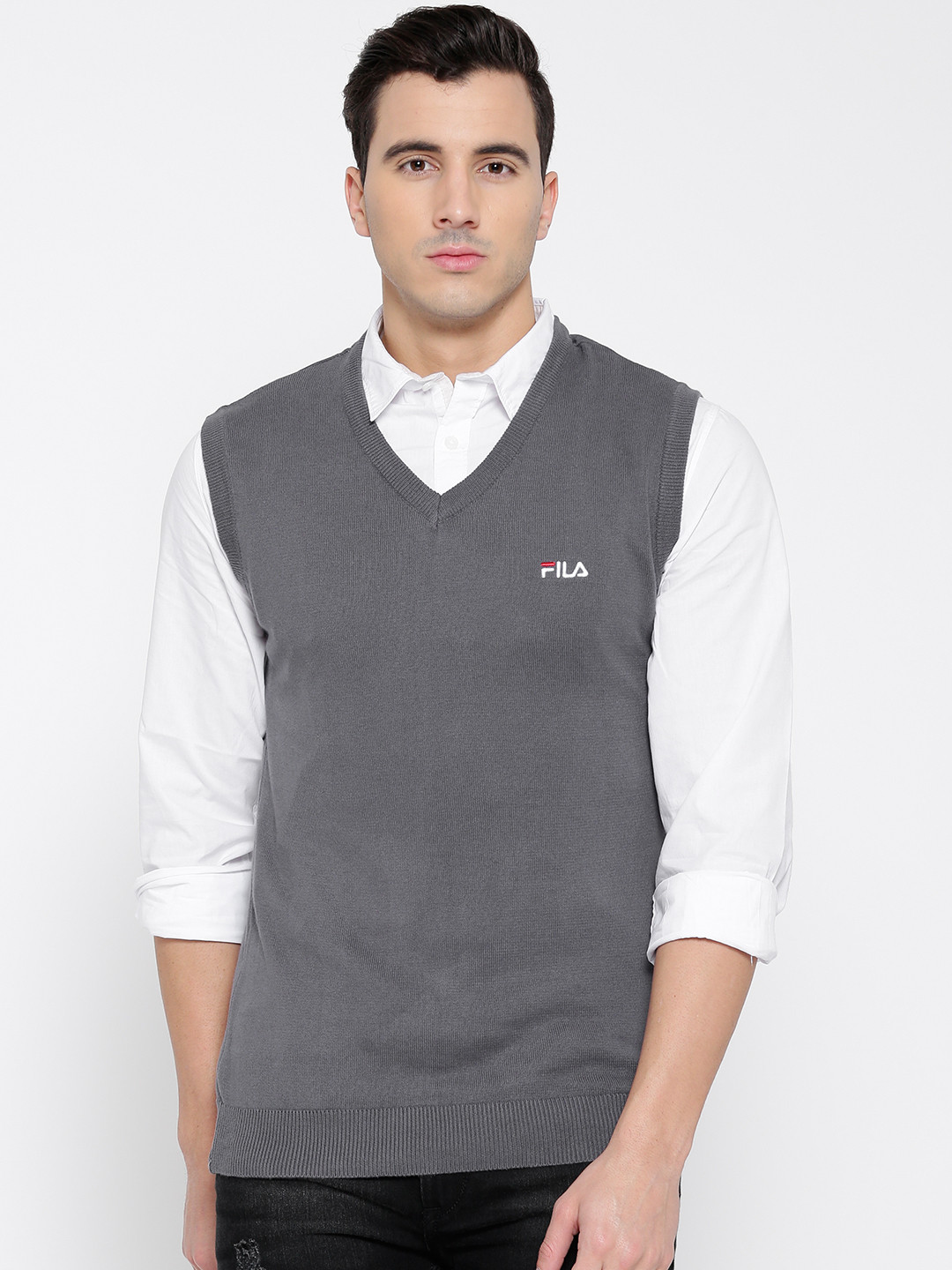 Buy FILA Men Grey Solid Sleeveless Sweater - Sweaters for Men 1502676 ...