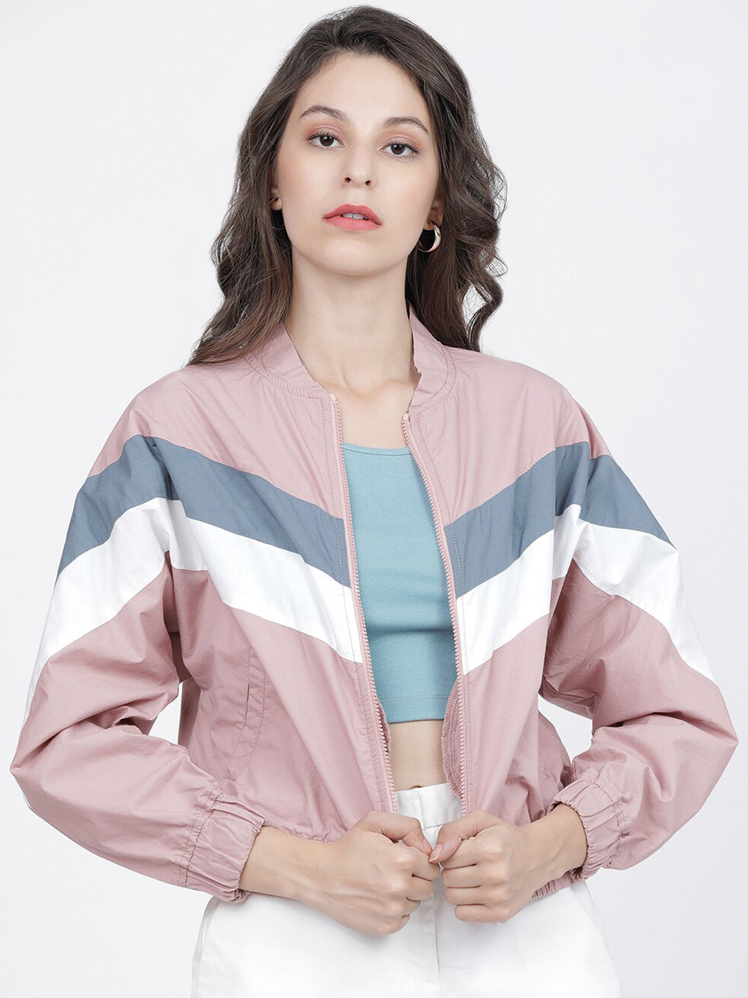 Buy Tokyo Talkies Women Pink Blue Colourblocked Crop Tailored Jacket ...