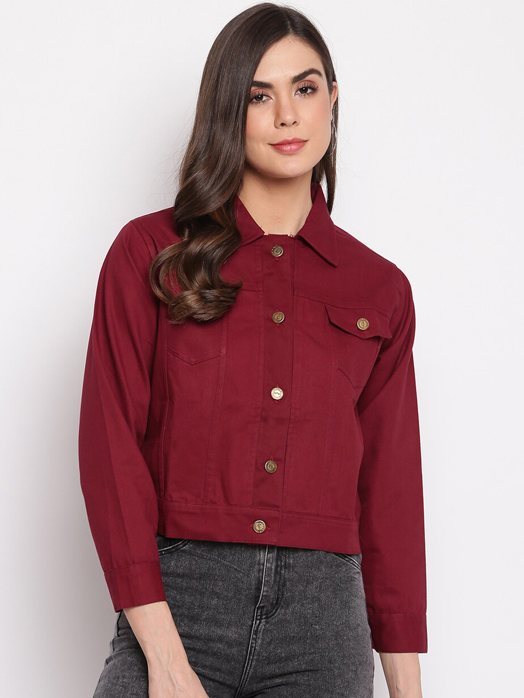 Buy Mayra Women Maroon Denim Jacket - Jackets for Women 15029300 | Myntra