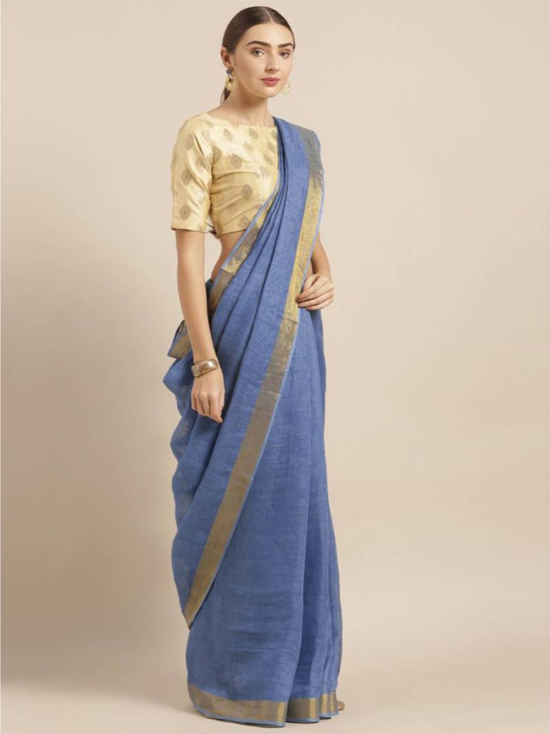Buy Mirraw Blue & Beige Woven Design Zari Pure Linen Fusion Saree ...