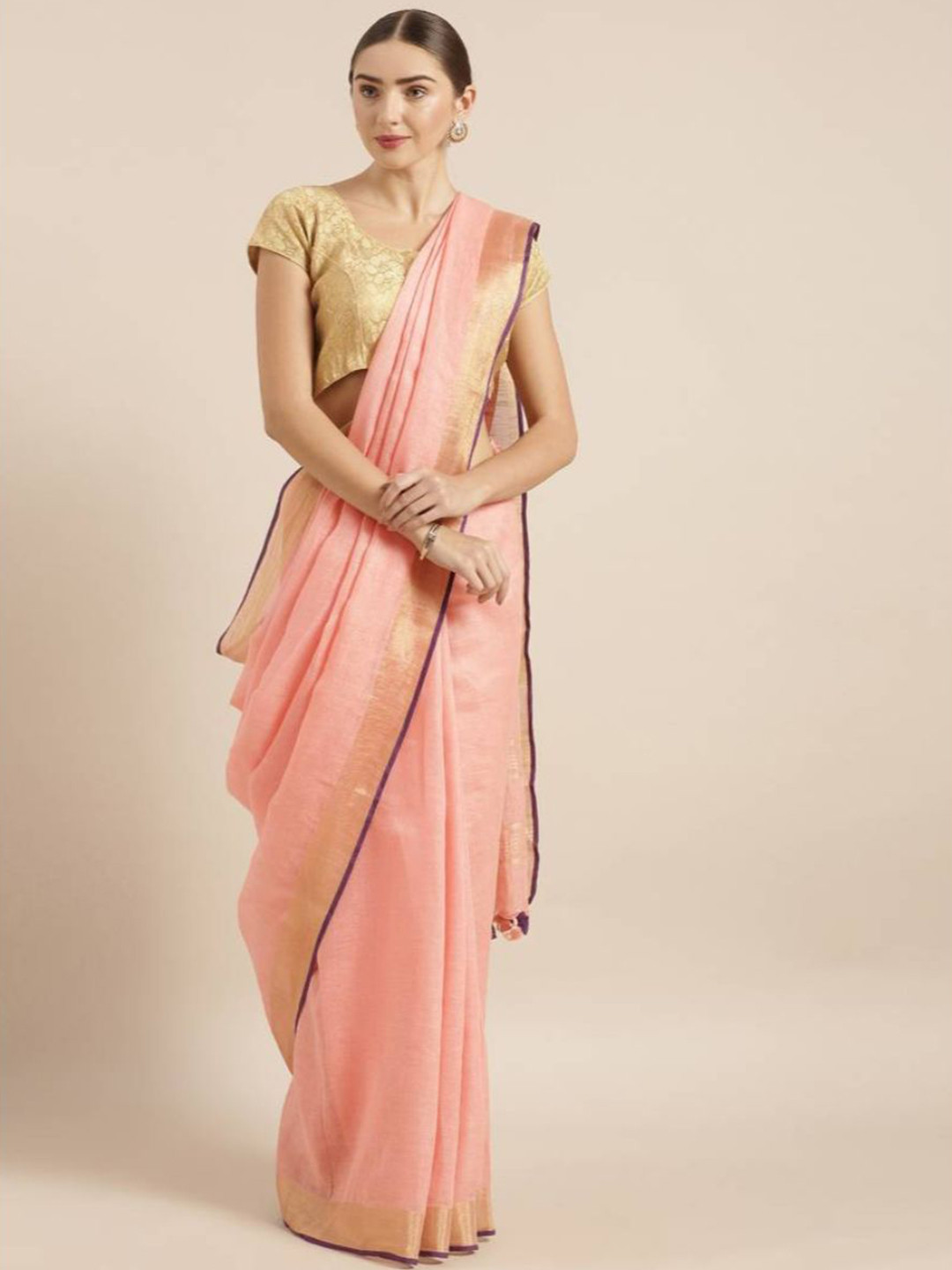 Buy Mirraw Pink & Gold Toned Zari Pure Linen Fusion Saree - Sarees for ...