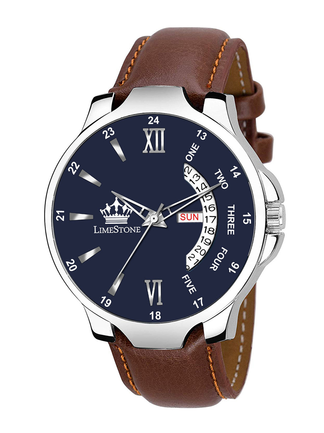 Buy LIMESTONE Men Blue Brass Printed Dial & Brown Leather Straps ...