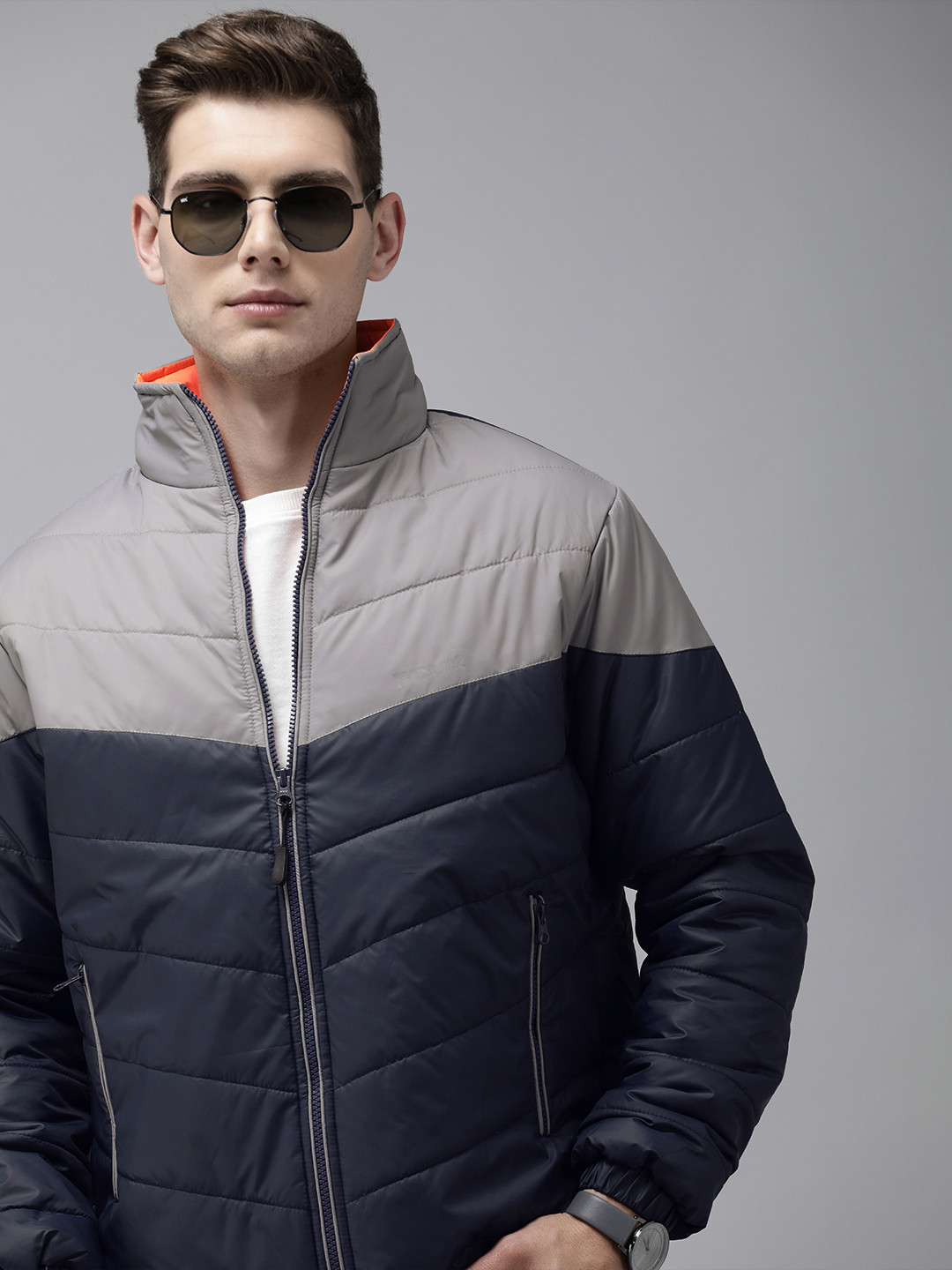 Buy French Connection Men Blue & Grey Colourblocked Puffer Jacket ...